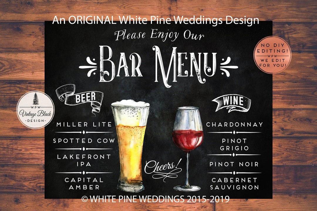 Beer and Wine Sign, Printable Bar Menu Sign, Wedding Bar Sign, Bar Menu ...