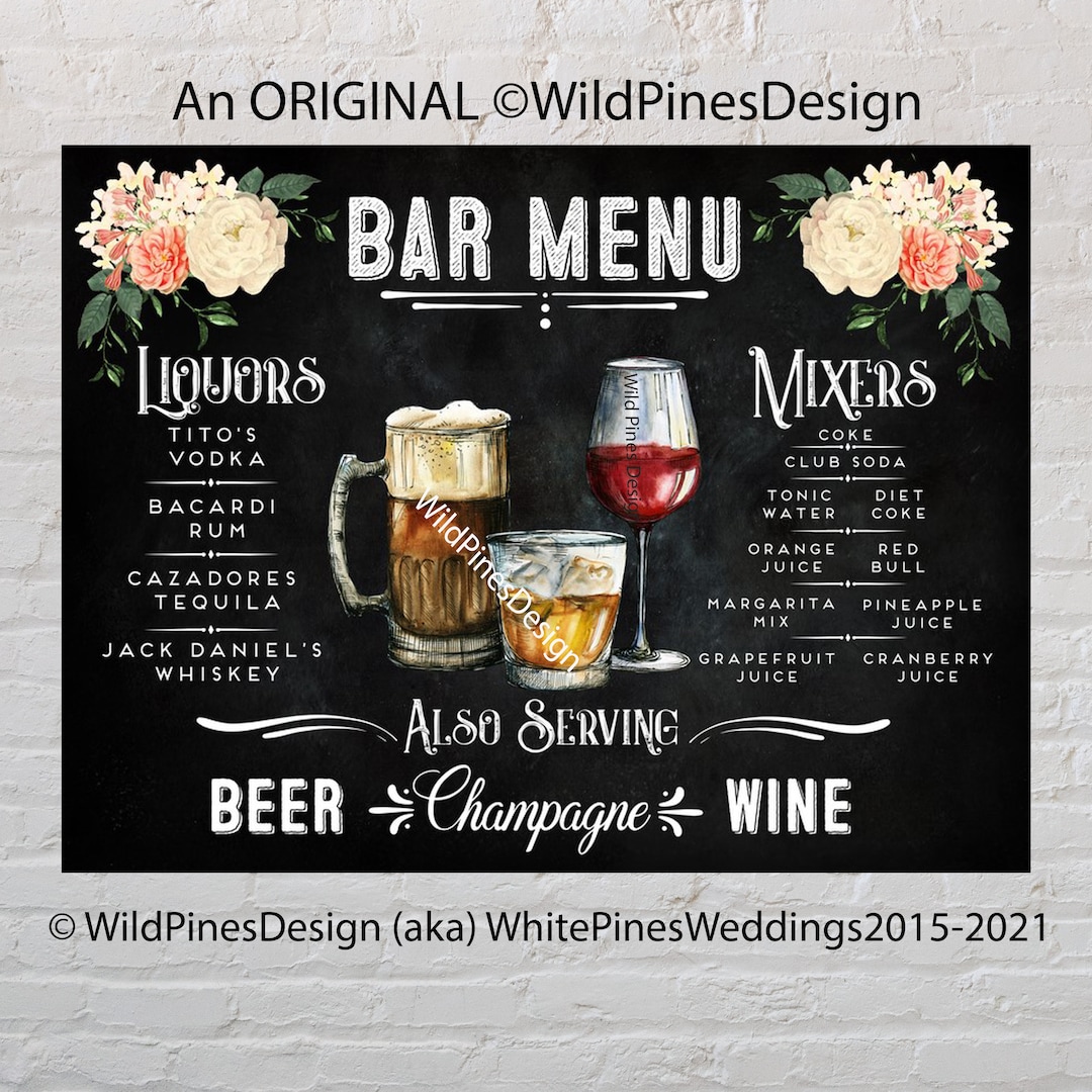 Wedding Bar Menu Printable, Custom Bar Sign, Liquor Menu, Alcohol Menu ...