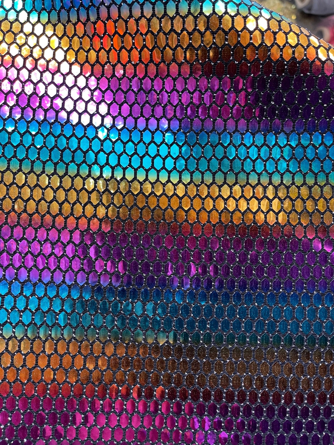 Geometric Shiny Multicolor Honeycomb Sequins on Poly Stretch Fabric ...