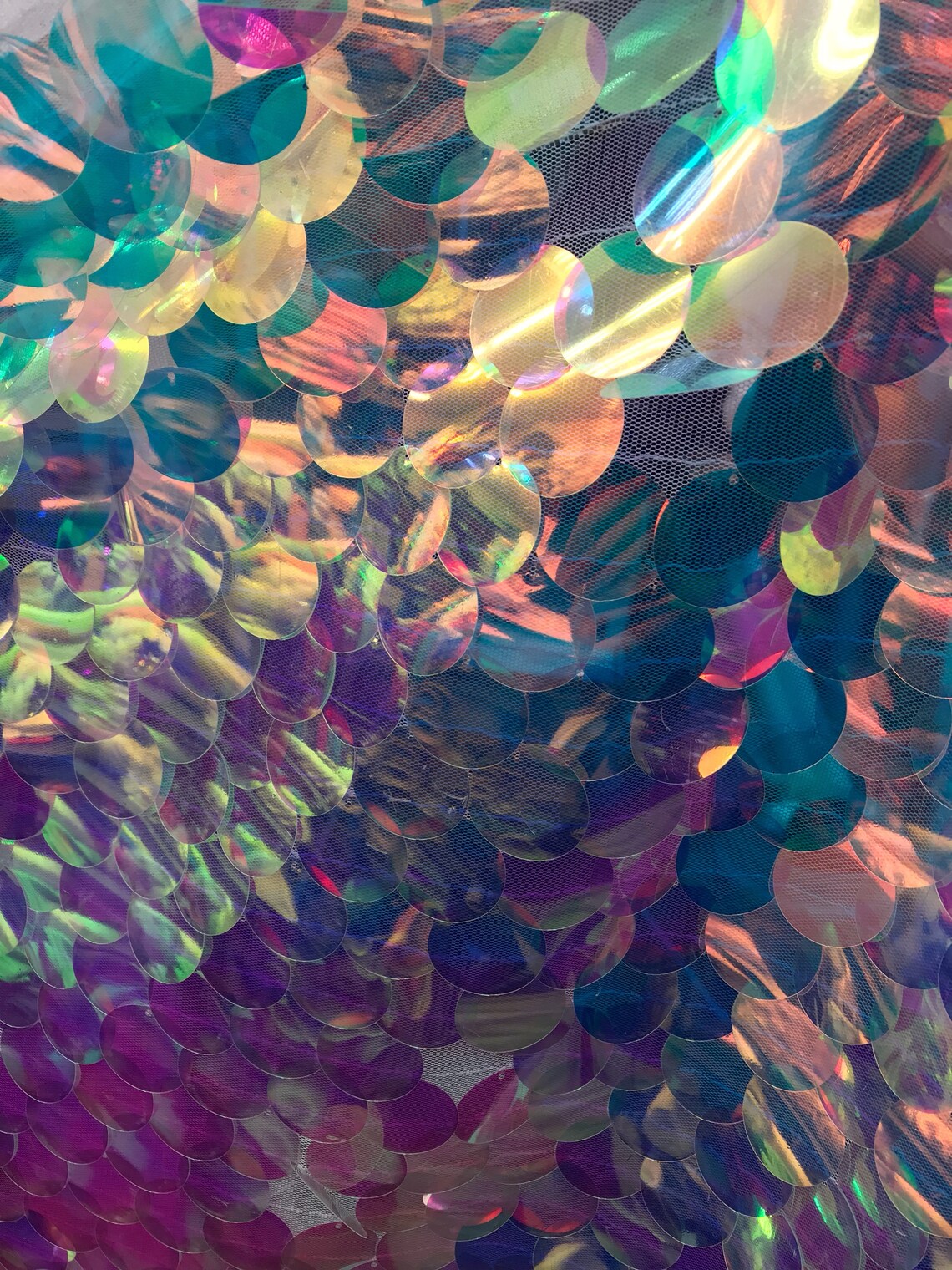 Clear White Iridescent 20mm Coin Shape Sequin on Mesh Base , 54" Inch ...