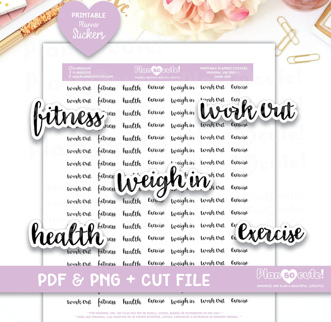 Various Script Words Printable Planner Stickers, Fitness, Work Out ...