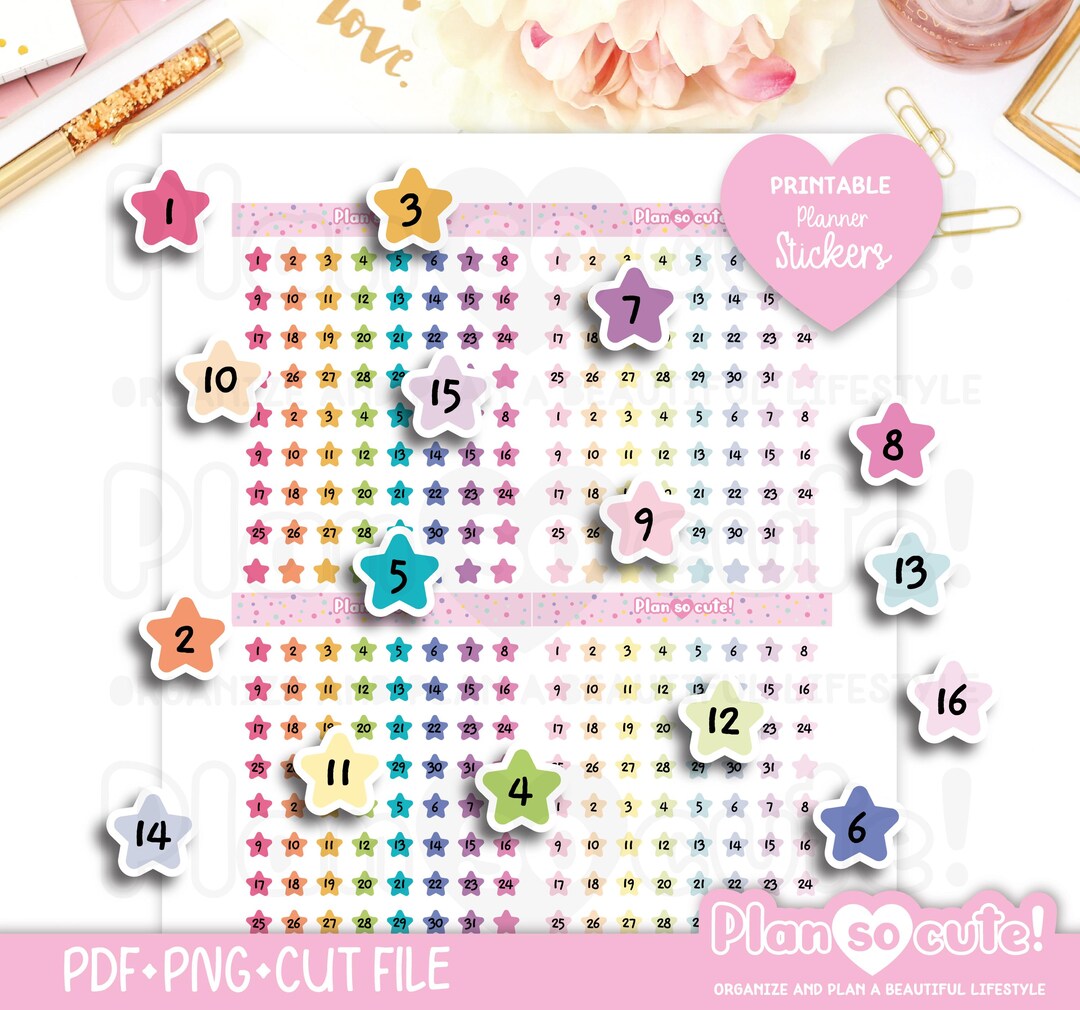 Date Stars Stickers, Printable Planner Stickers, Bullet Journal ...