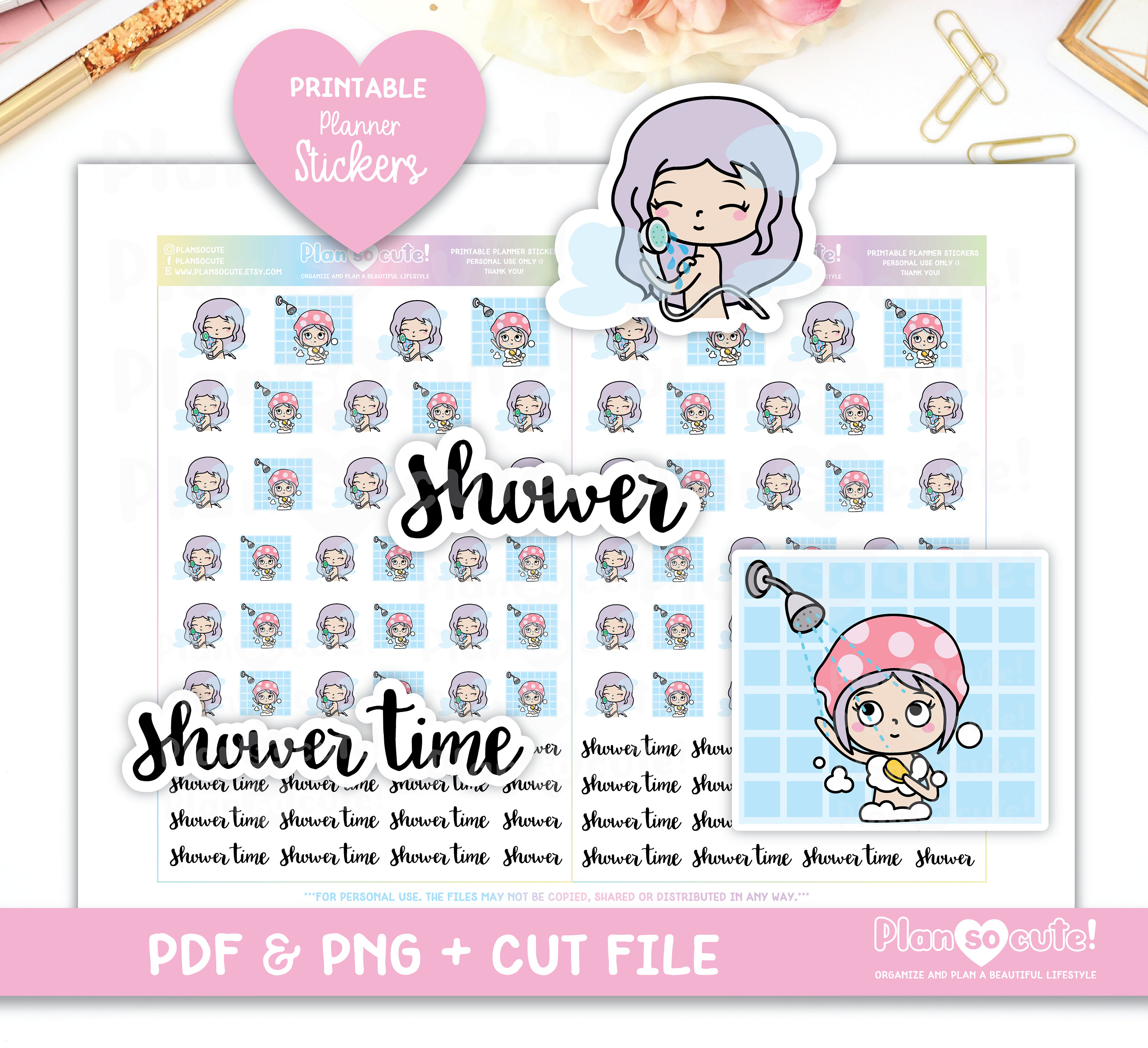 Shower Time Printable Planner Stickers, Shower Stickers, Emily Light ...