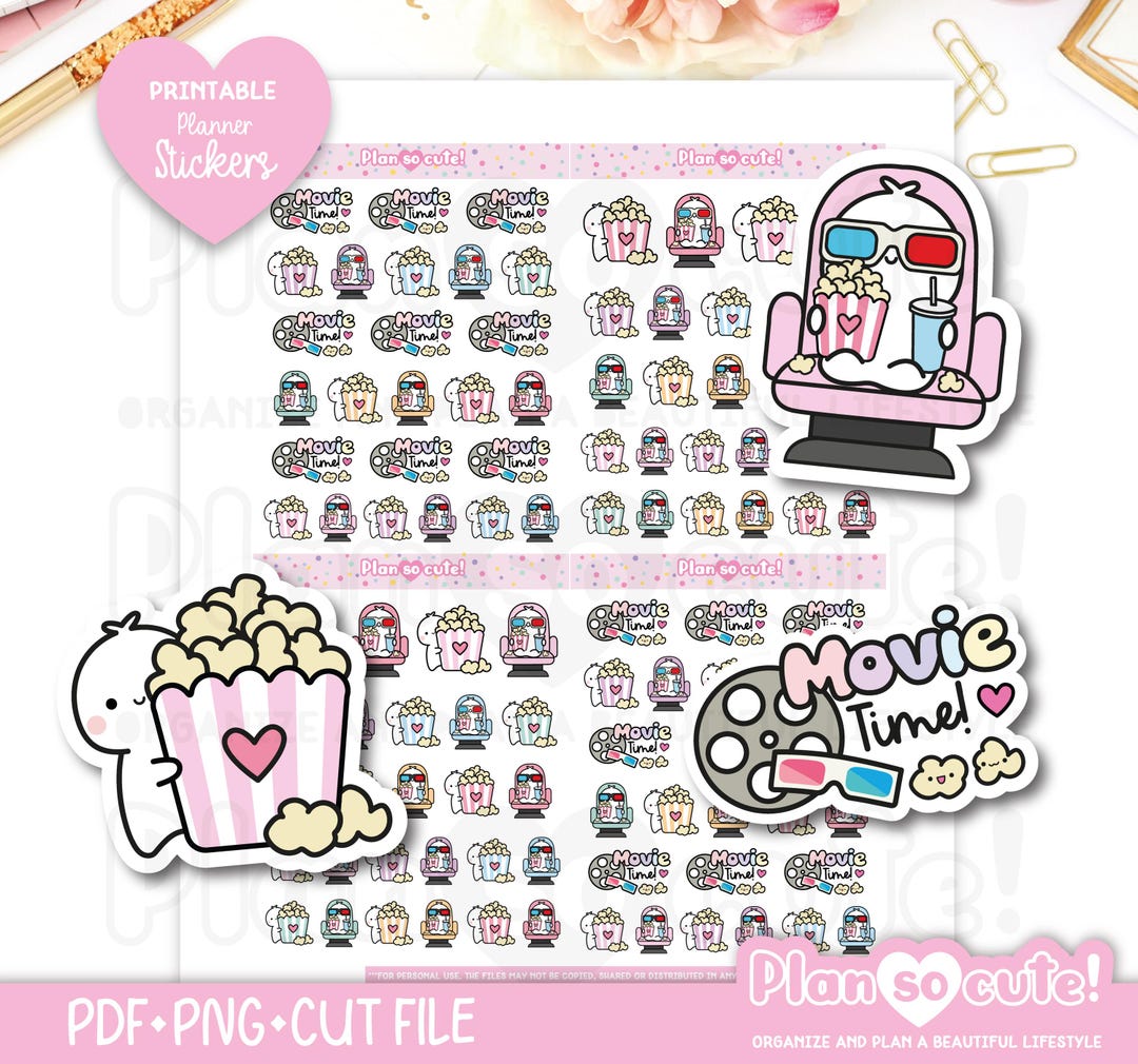 Tiny Puppet Movie Time, Printable Planner Stickers, Bullet Journal ...