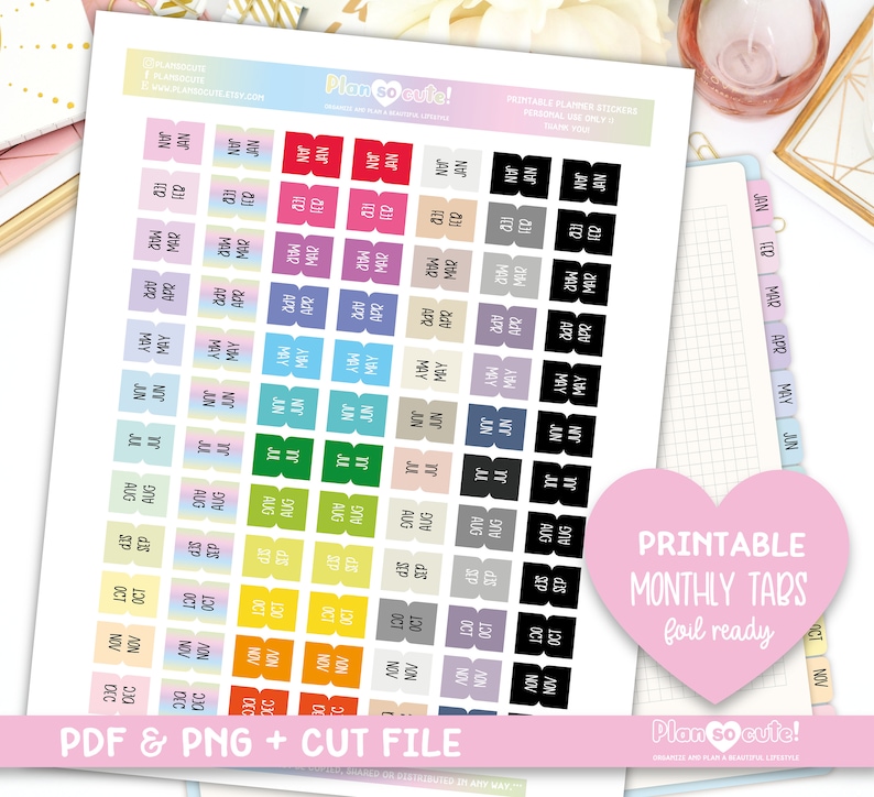 Monthly Tabs Foil Ready Printable Planner Stickers Bullet - Etsy