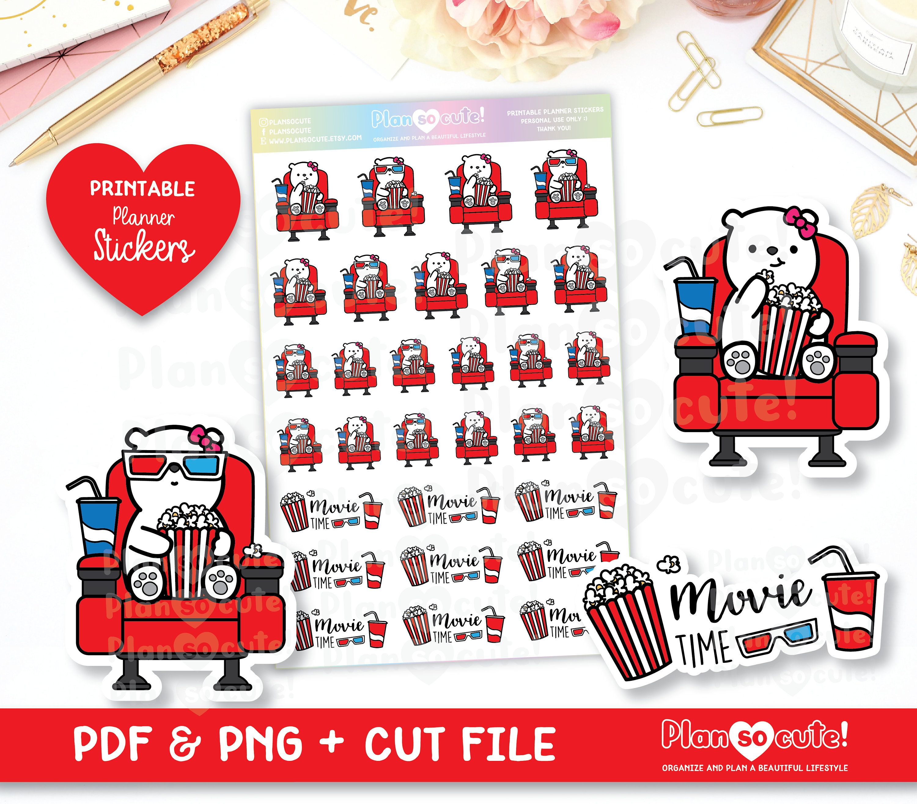 Movie Time Printable Planner Stickers Cricut and Silhouette | Etsy