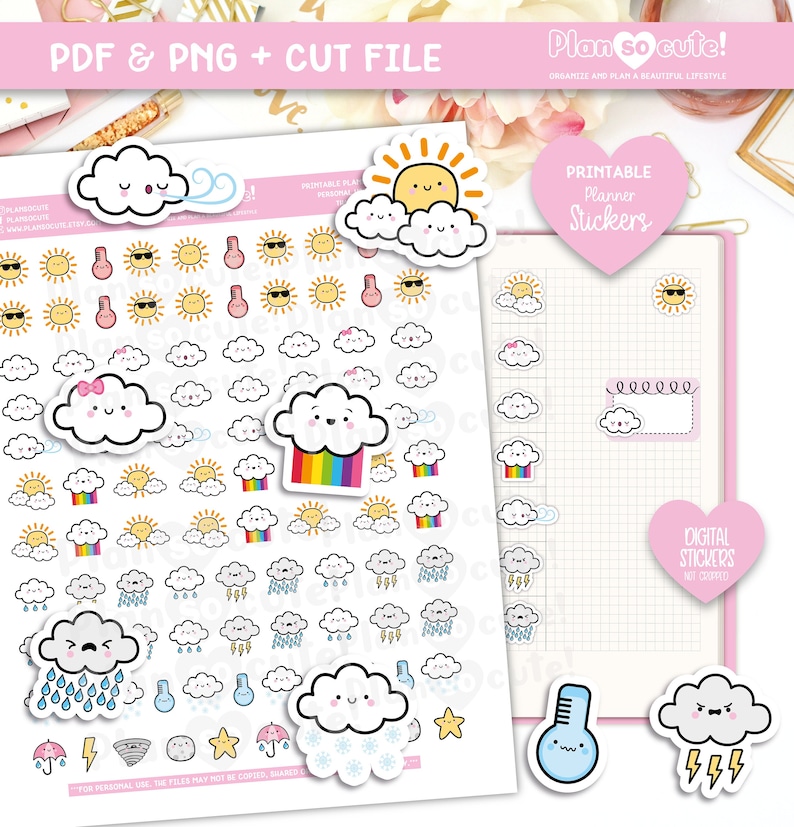 Cute Kawaii Weather Big Size Printable Planner Stickers - Etsy
