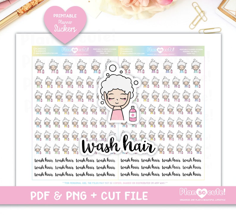 Wash Hair Printable Planner Stickers Emily Light Skin Cricut - Etsy