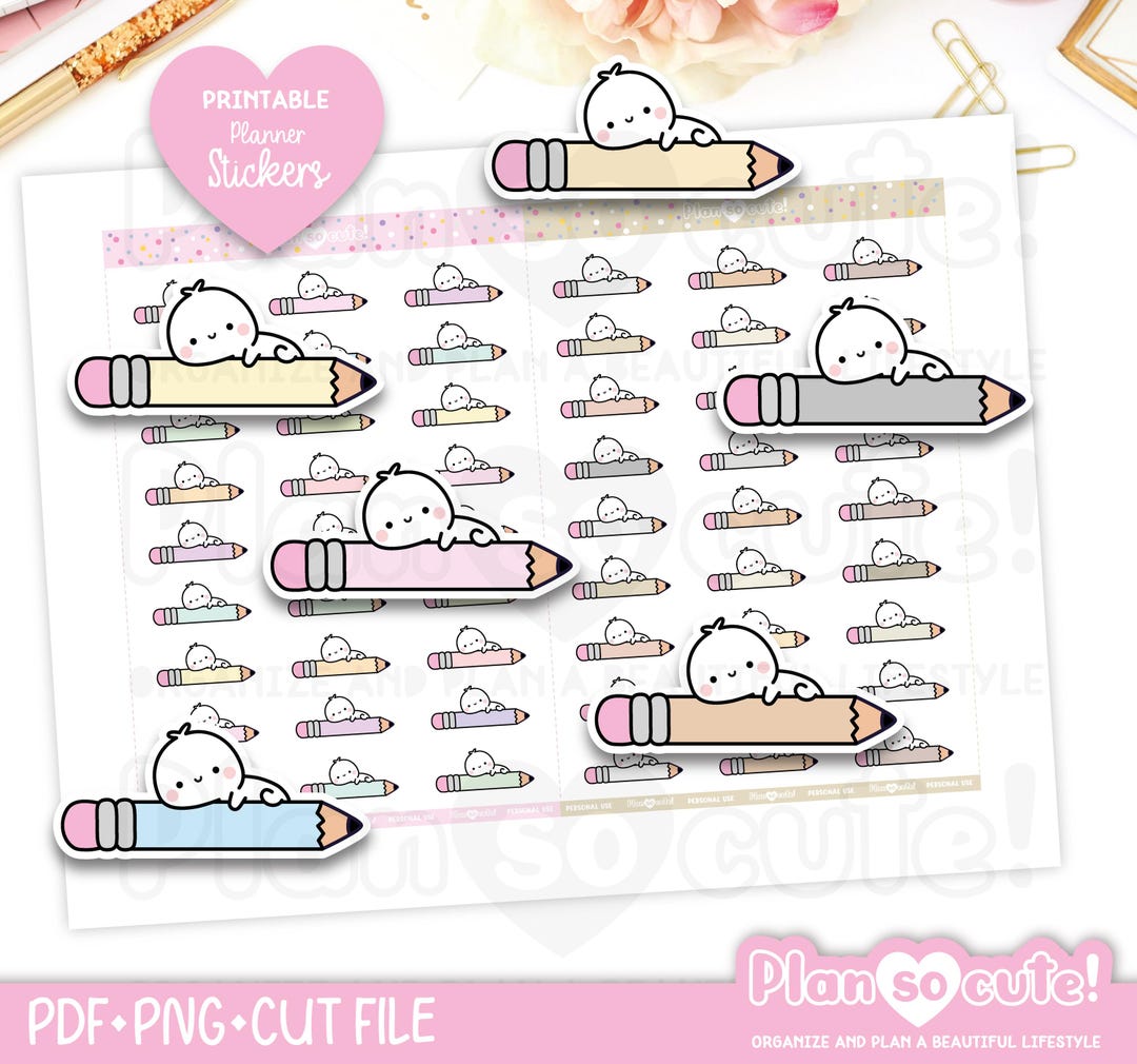 Tiny Puppet Pencil Stickers, Printable Planner Stickers, Bullet Journal ...