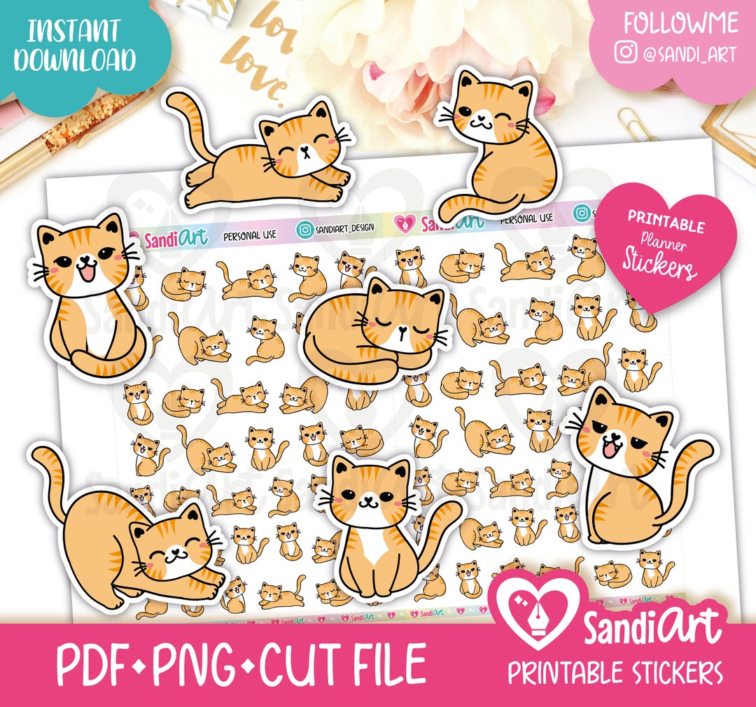 Orange Kitty, Cat Planner Stickers, Printable Planner Stickers, Doodle ...