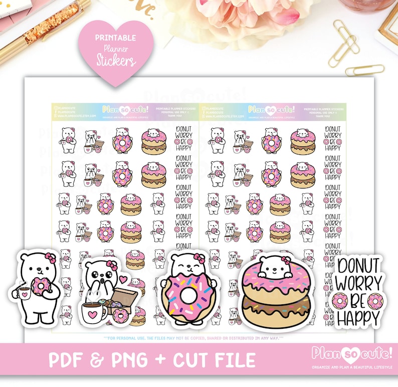 Coffee and Donuts Printable Planner Stickers, Donut Worry Be Happy ...
