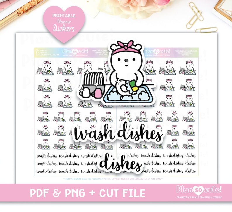 Wash Dishes Printable Planner Stickers Bear Stickers Cricut - Etsy