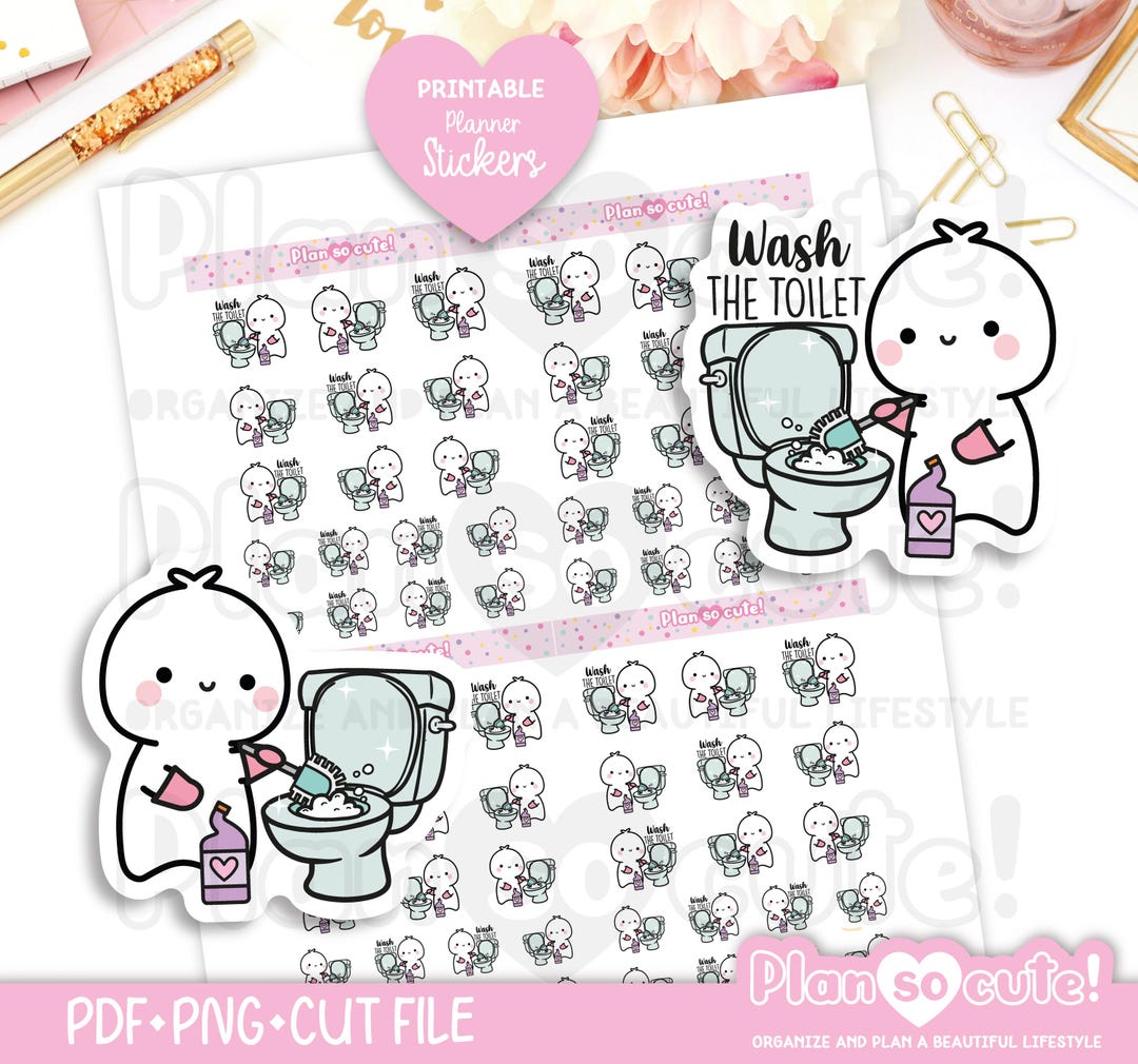 Tiny Puppet Wash the Toilet Stickers, Printable Planner Stickers ...