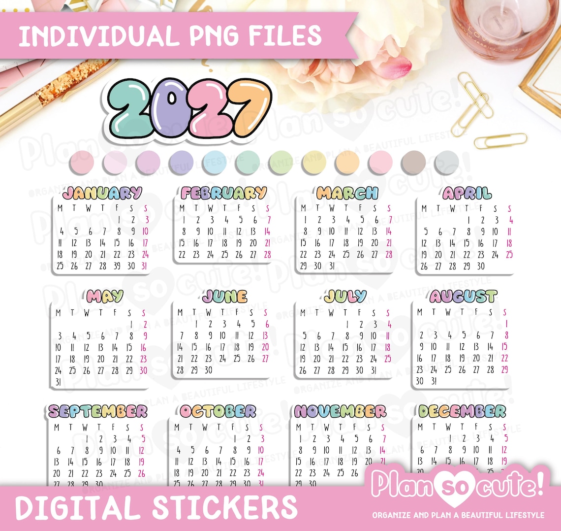 2027 Calendar Digital Stickers, Individual PNG Stickers, Digital ...