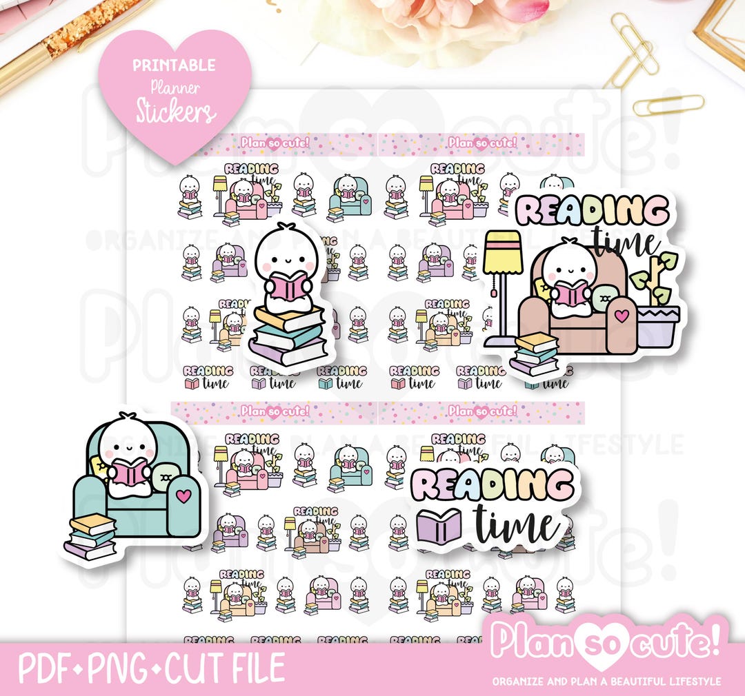 Tiny Puppet Reading Time Stickers, Printable Planner Stickers, Bullet ...