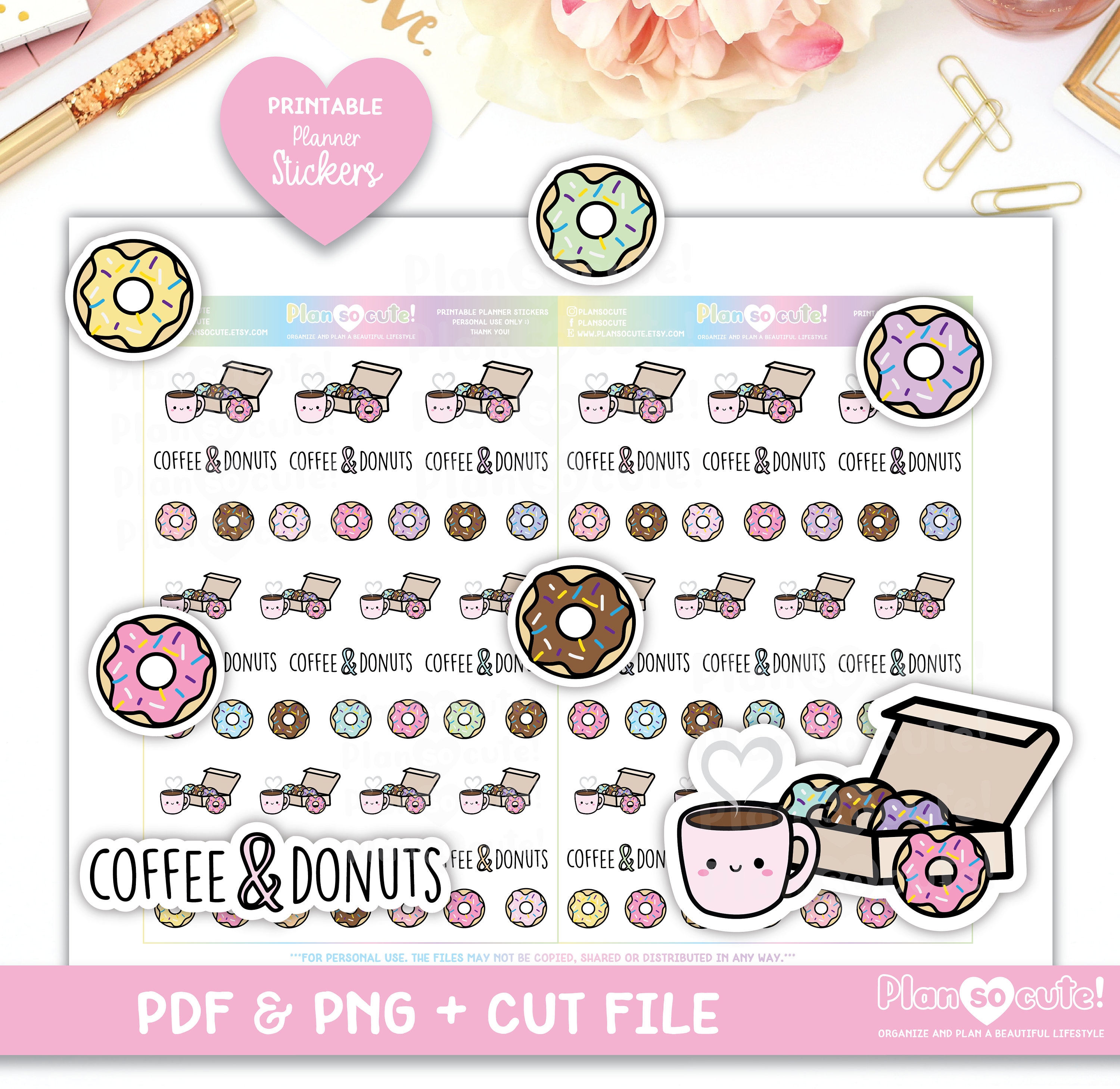 Coffee and Donuts Printable Planner Stickers Kawaii Coffee - Etsy
