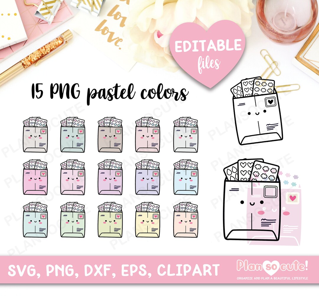 Cute Kawaii Happy Mail, Editable Files, SVG, EPS, PNG, Dxf, Outline ...