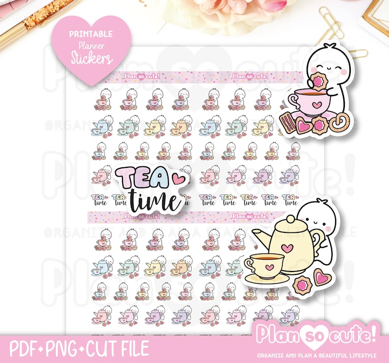Tiny Puppet Tea Time Stickers, Printable Planner Stickers, Bullet ...
