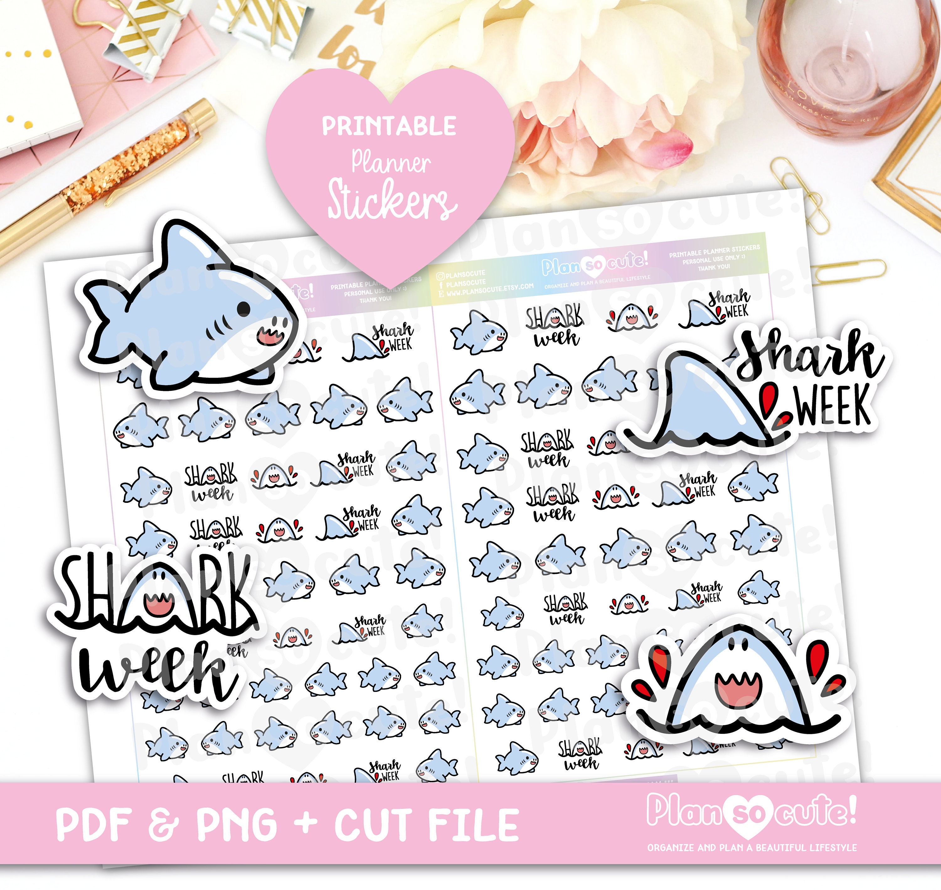 Shark Week Period Tracker Printable Planner Stickers Bullet - Etsy Hong ...