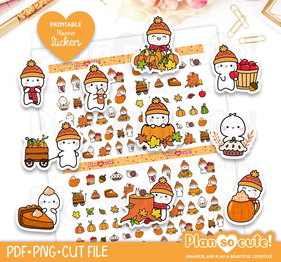 Tiny Puppet Autumn, Fall Printable Planner Stickers, Thanksgiving ...
