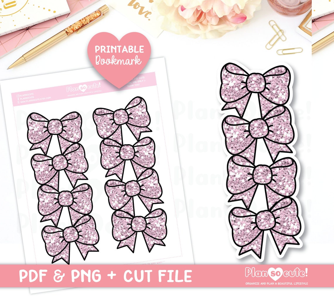 Printable Bookmark, Die Cut, Pink Glitter Bows, Bullet Journal, Erin ...