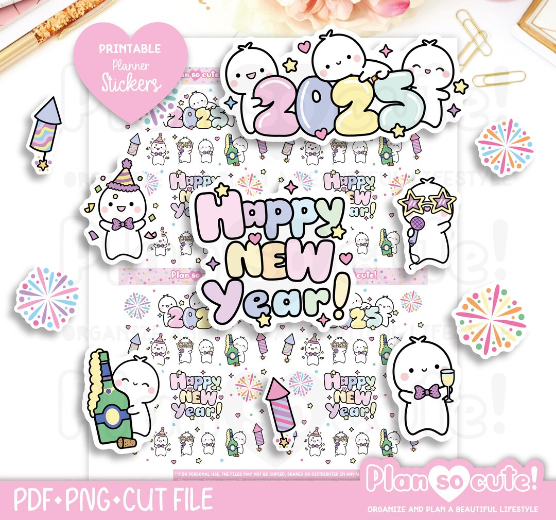 Tiny Puppet Happy New Year Stickers, Printable Planner Stickers, Bullet ...