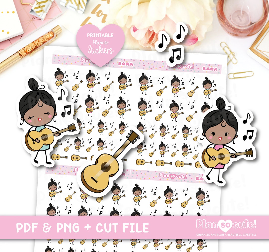 Sara Play Guitar, Printable Stickers, Dark Skin, Printable Planner ...
