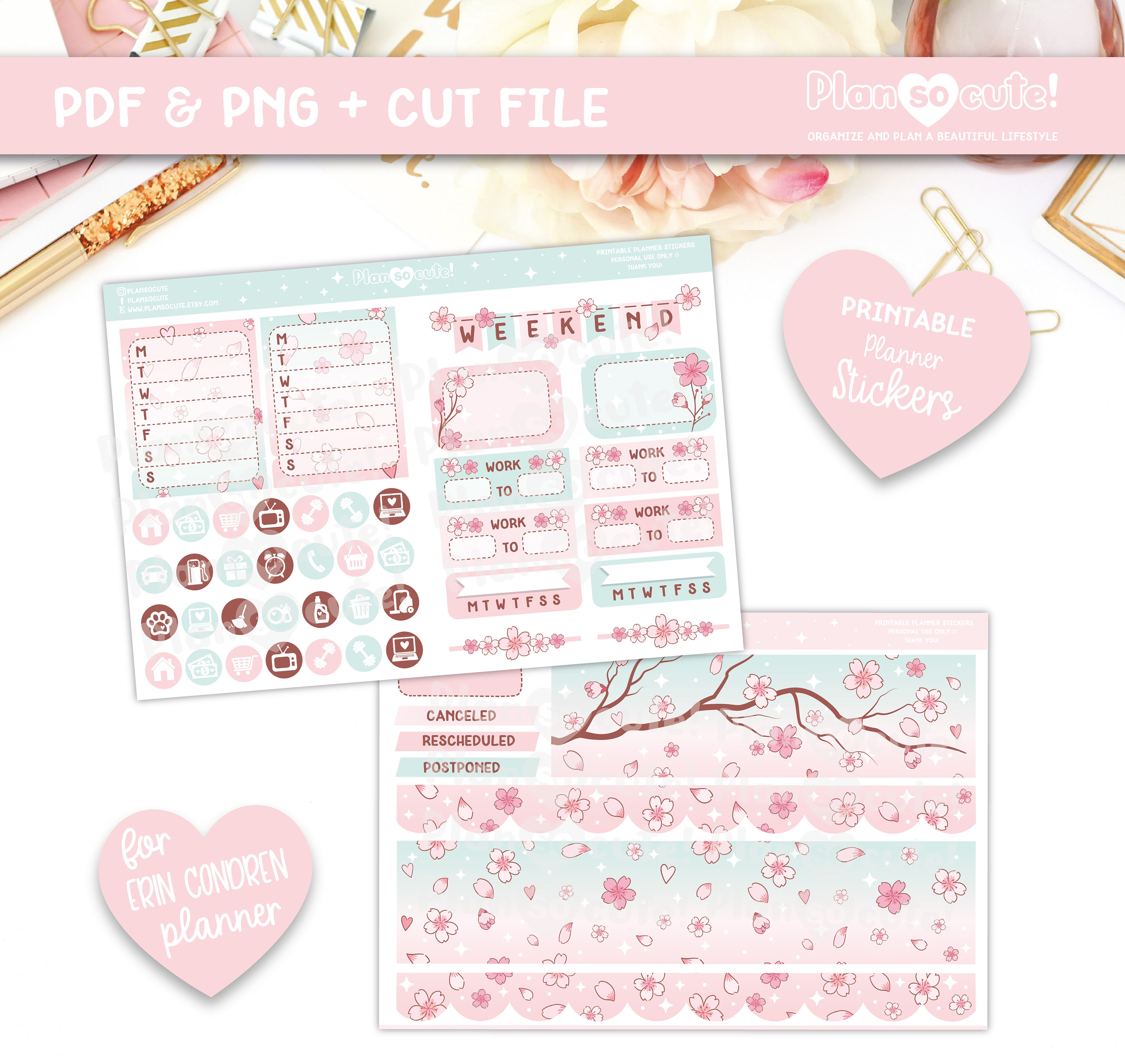 Sakura Printable Planner Stickers EC Weekly Kit Cherry - Etsy