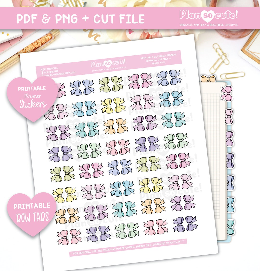 Kawaii Bow Tabs, Printable Planner Stickers, Bullet Journal Stickers ...