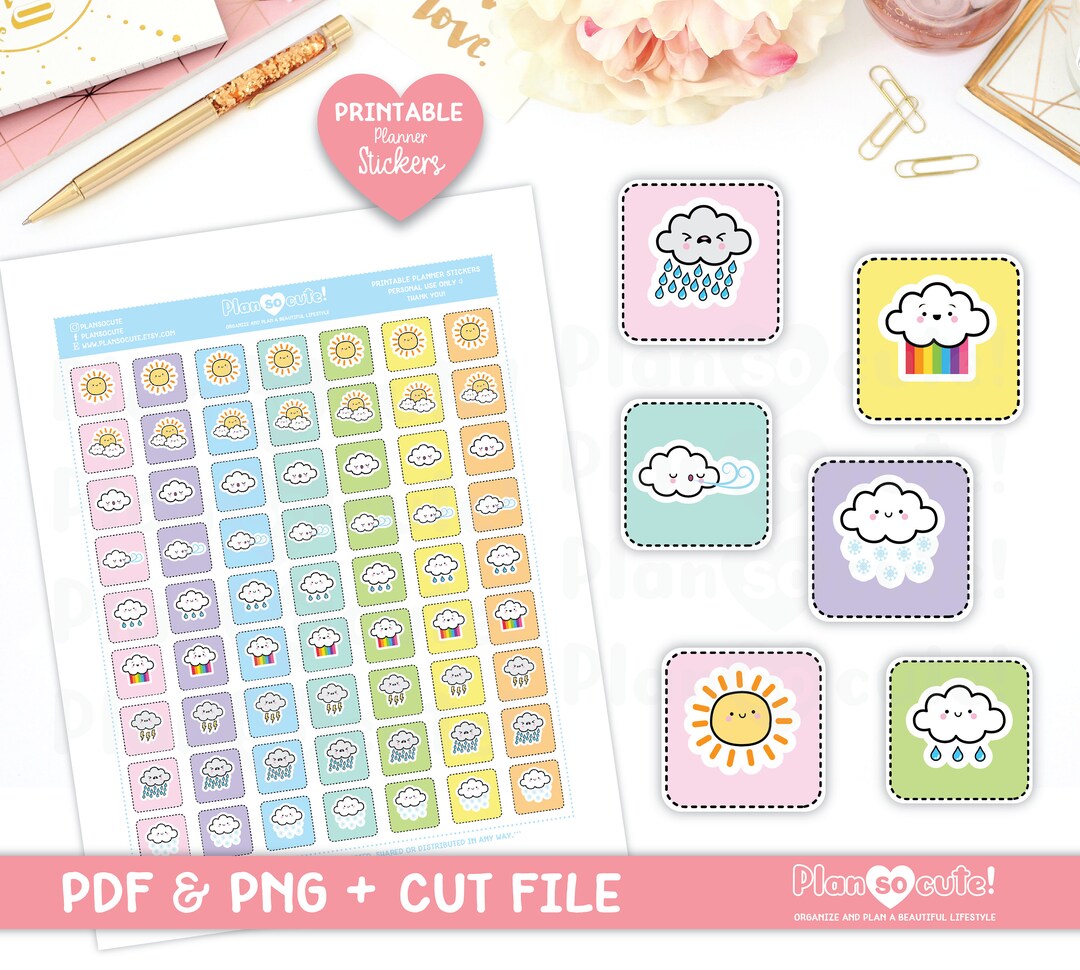 Cute Kawaii Weather, Printable Planner Stickers, Hobonichi Weeks ...