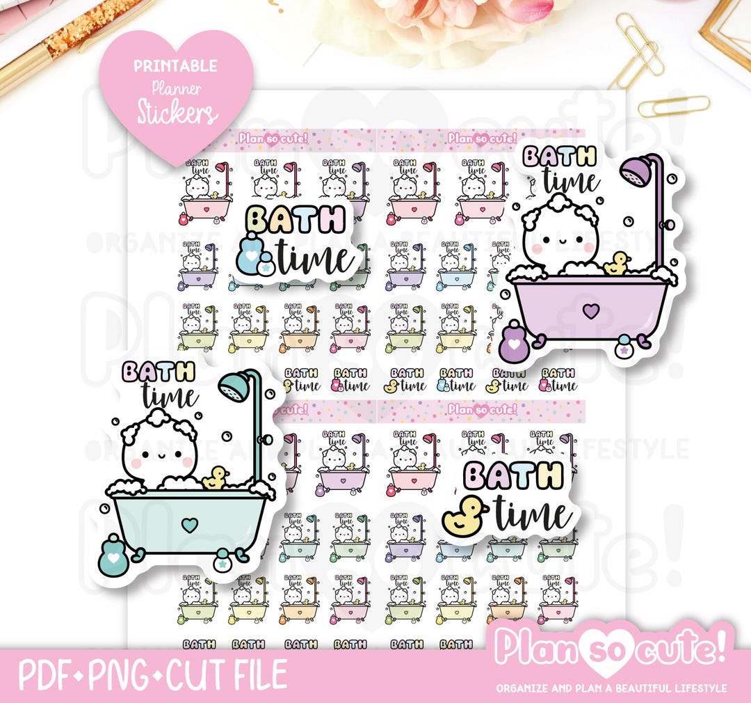 Tiny Puppet Bath Time Stickers, Printable Planner Stickers, Bullet ...