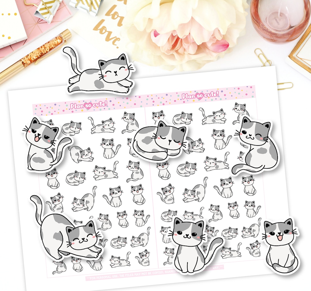 Gray and White Kitty, Cat Planner Stickers, Printable Planner Stickers ...