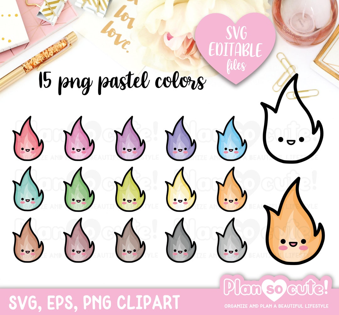 Cute Kawaii Flame, Doodle Flame, Editable Files, SVG, EPS, PNG, Outline ...