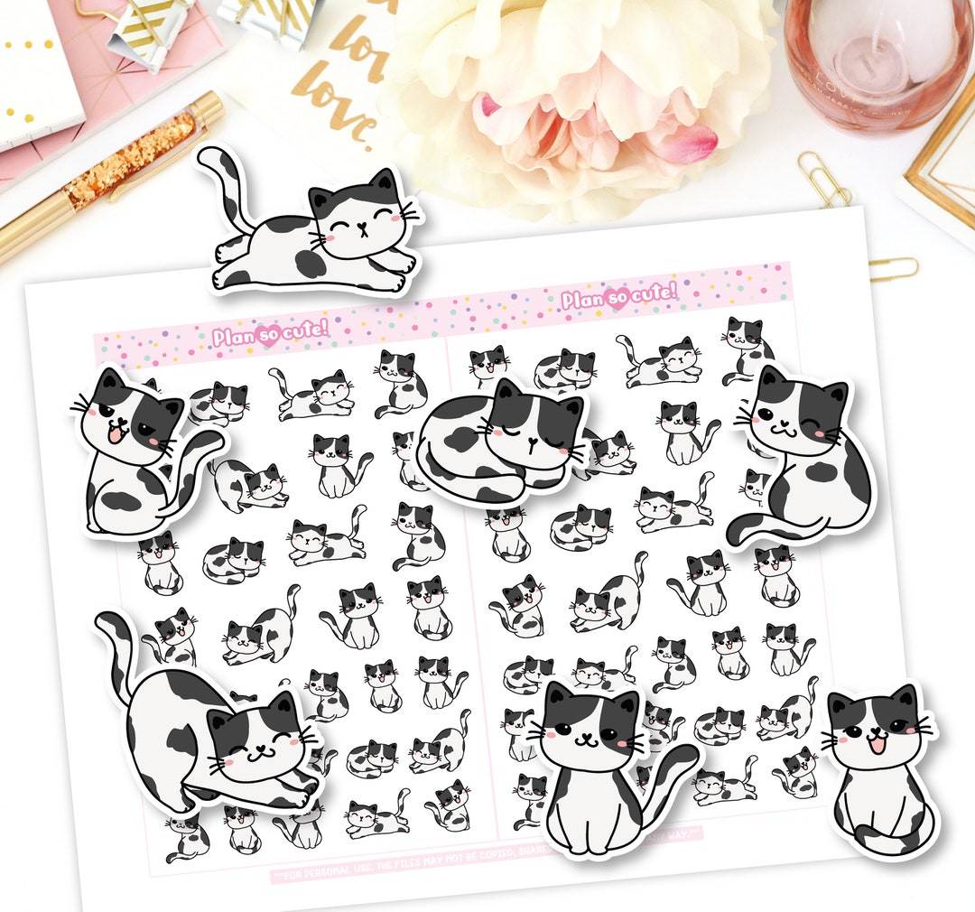 Black and White Kitty, Cat Planner Stickers, Printable Planner Stickers ...