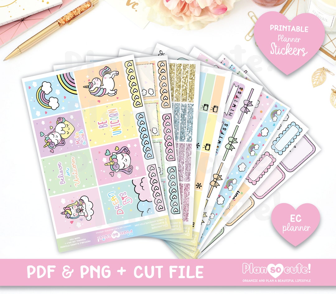 Unicorn Printable Planner Stickers, EC Weekly Kit, Cute Unicorn - Etsy