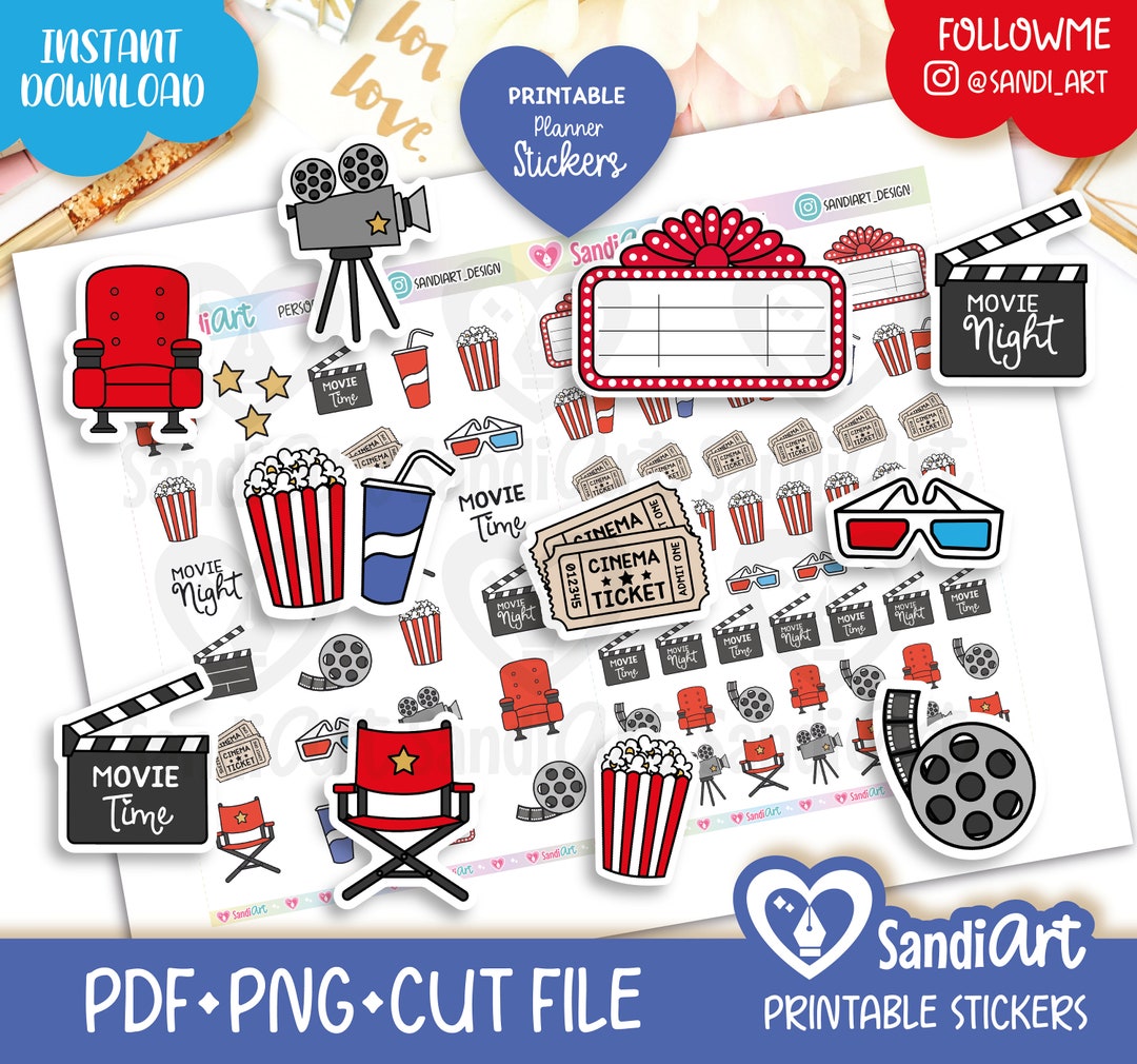 Movies NIGHT, Printable Stickers, Planner Stickers, Cricut and ...