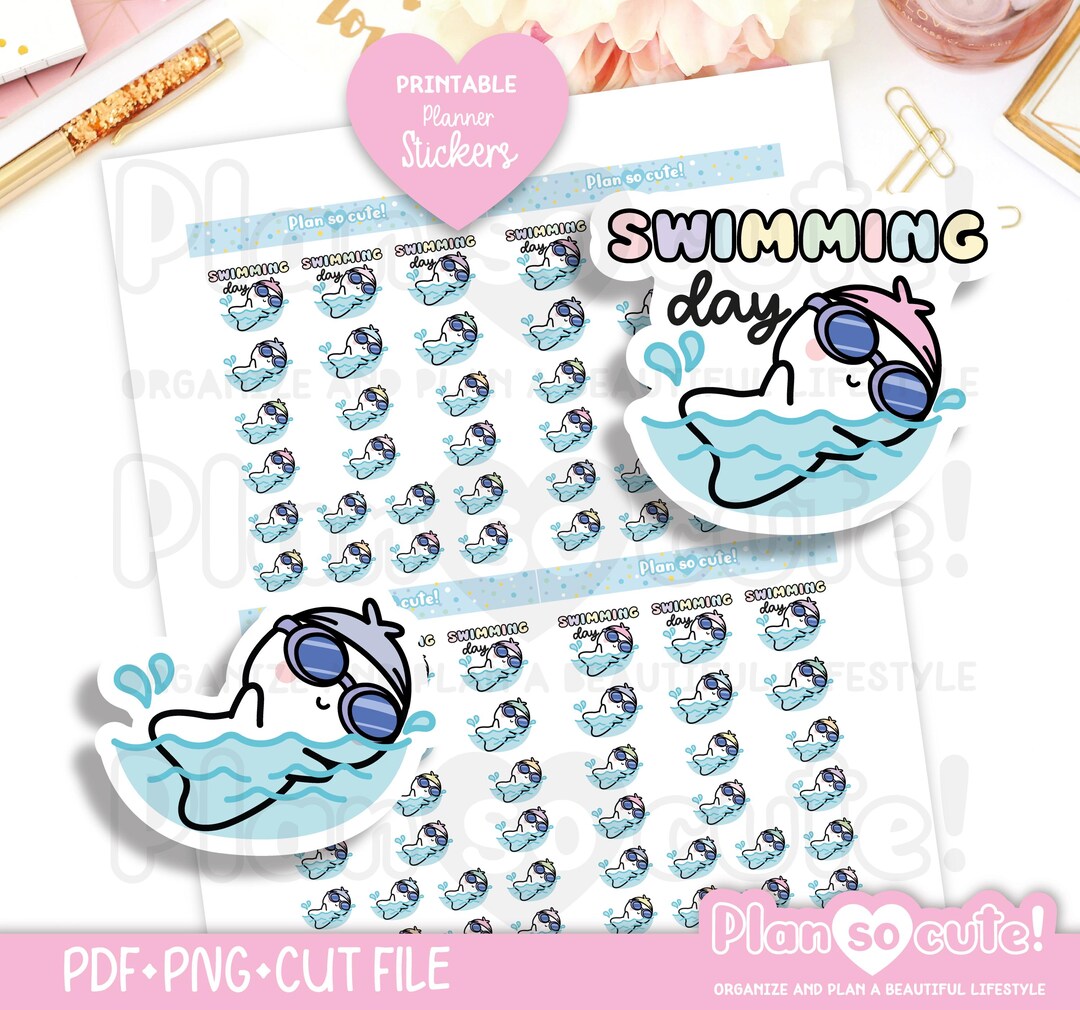 Tiny Puppet Swimming Day Stickers, Printable Planner Stickers, Bullet ...