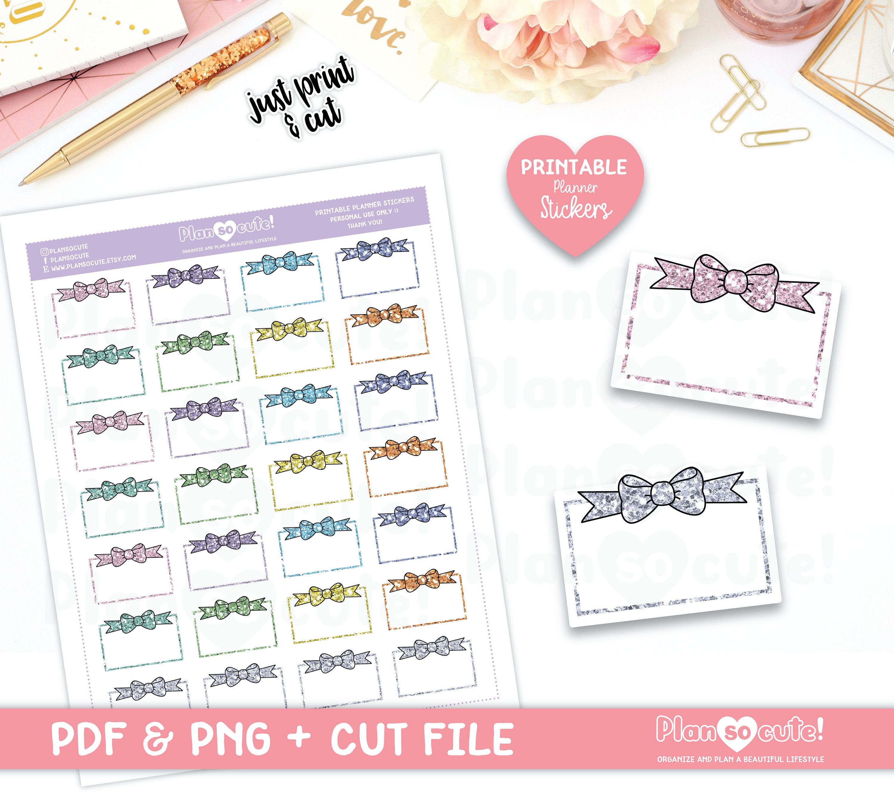 Doodle Glitter Half Box Bow, Printable Planner Stickers, Doodle ...