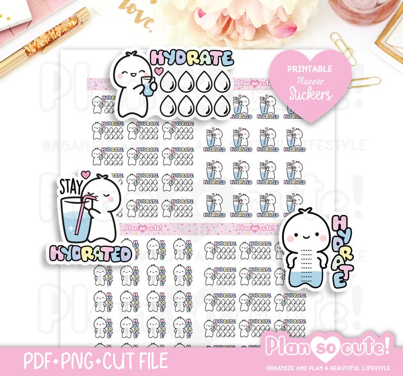Tinny Puppet Hydrate Stickers, Printable Planner Stickers, Bullet ...