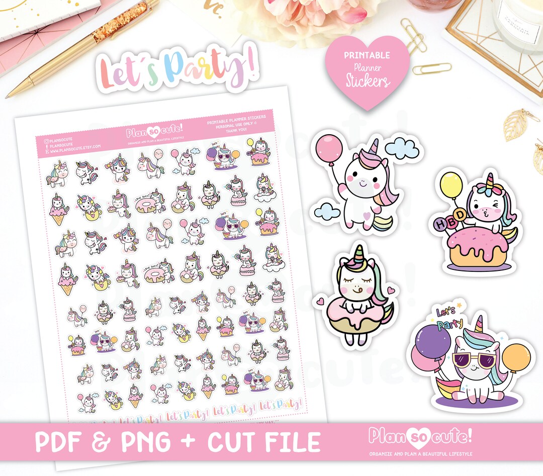 Lets Party, Printable Planner Stickers, Unicorn Stickers, Cute Unicorn ...