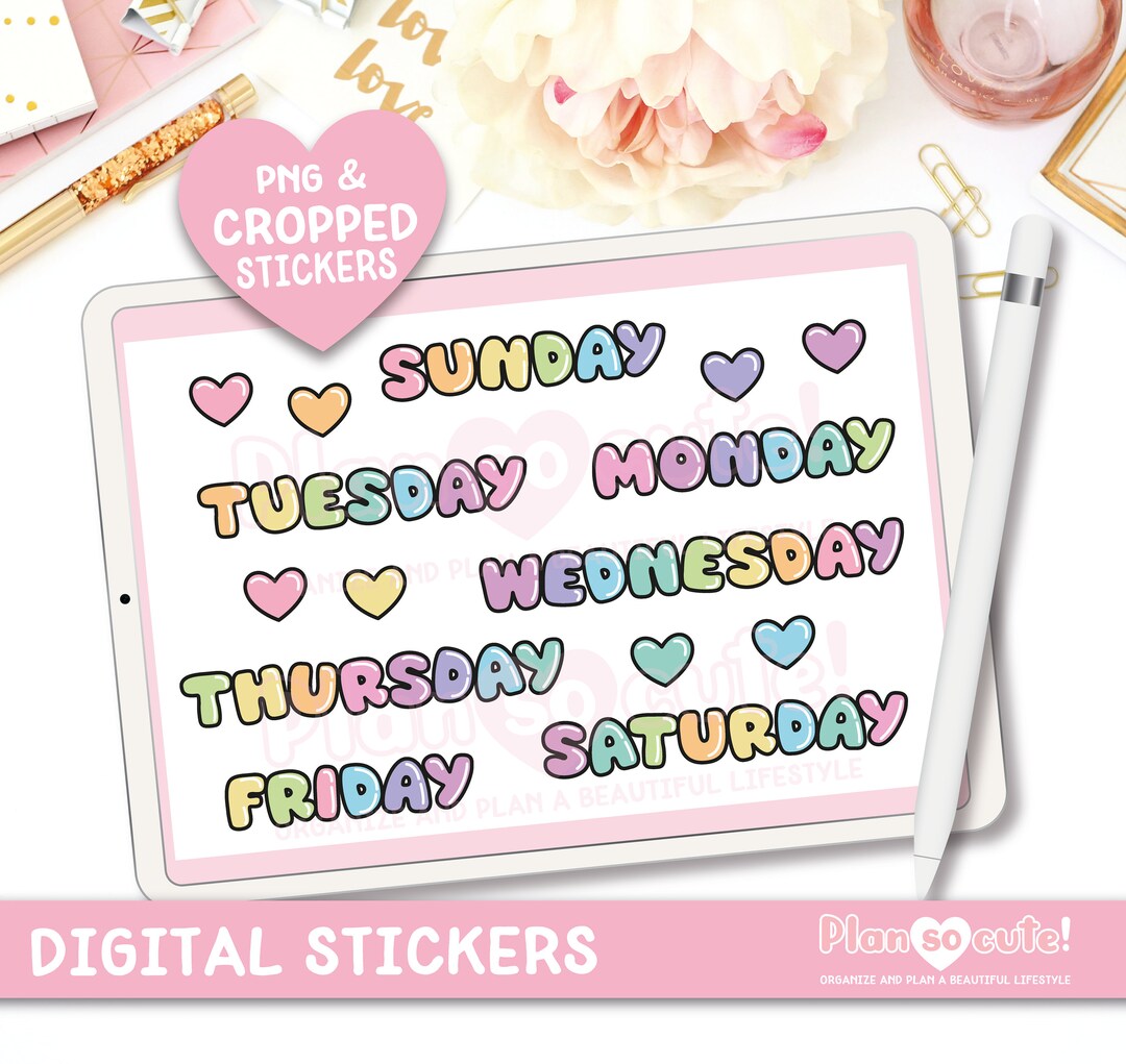 Fluffy Days of the Week Script Digital Stickers, Goodnotes Stickers ...