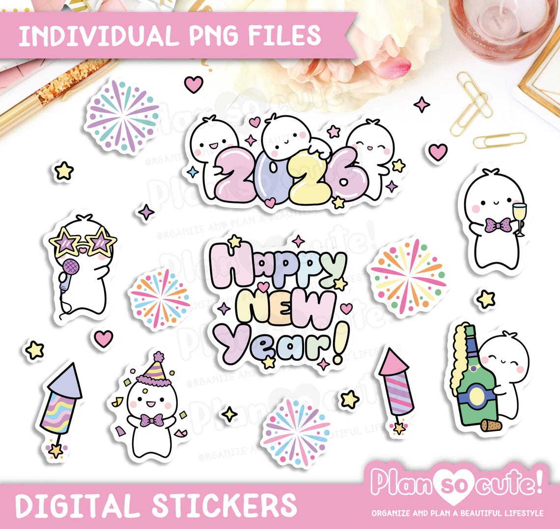 Tiny Puppet New Years Eve, Happy New Year 2026 Digital Stickers, Tinny ...