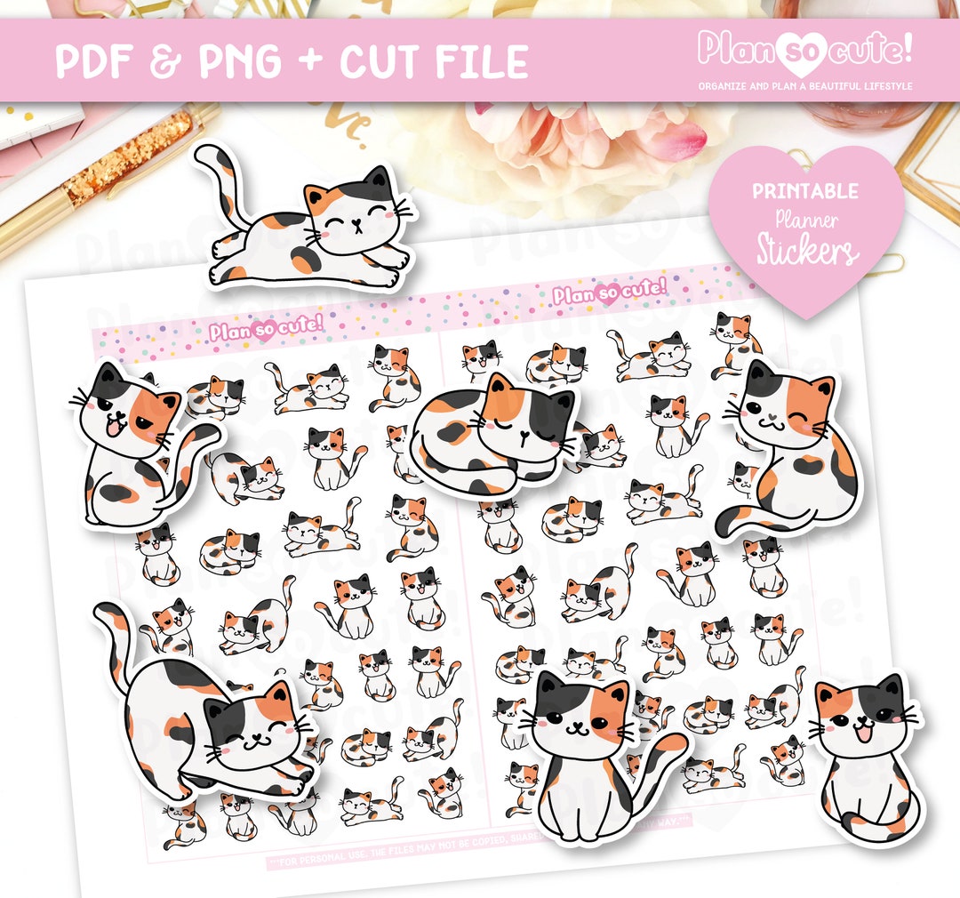 Calico Kitty, Cat Planner Stickers, Printable Planner Stickers, Doodle ...