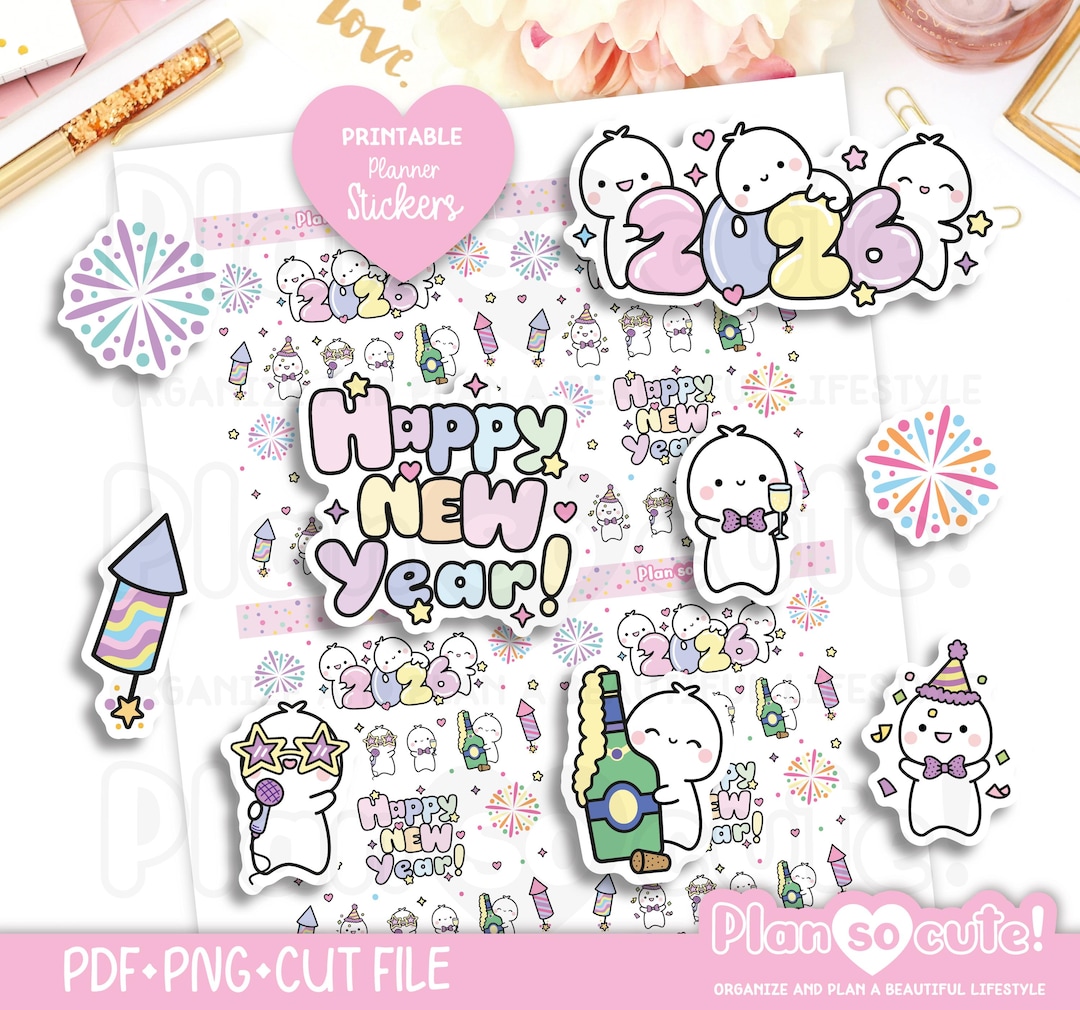 Tiny Puppet Happy New Year Stickers, Printable Planner Stickers, Bullet ...