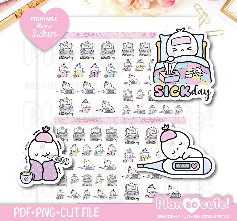 Tiny Puppet Sick Day Stickers, Printable Planner Stickers, Bullet ...