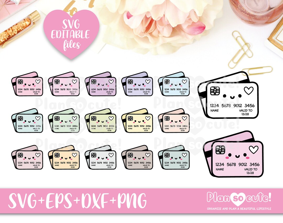 Cute Kawaii Credit Card, Editable Files, SVG, EPS, PNG, Dxf, Outline ...