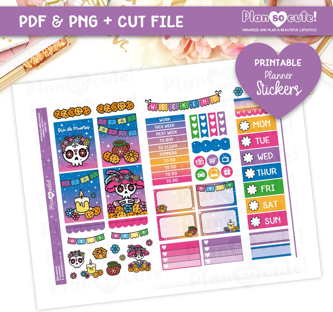 Day of the Dead Printable Planner Stickers, EC Mini Kit, Sugar Skull ...