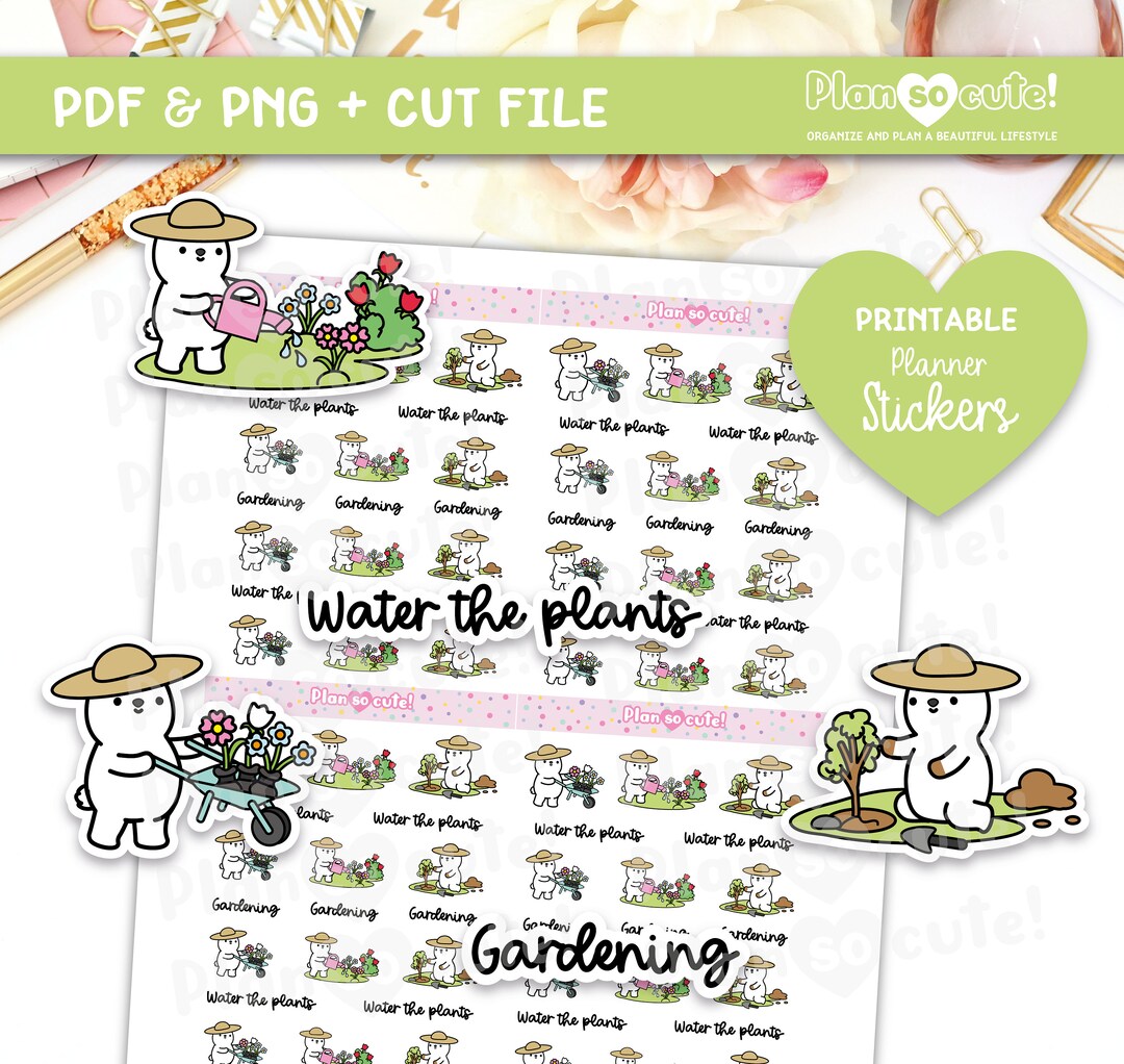 Gardening Printable Planner Stickers, Water the Plants, Bear Stickers ...
