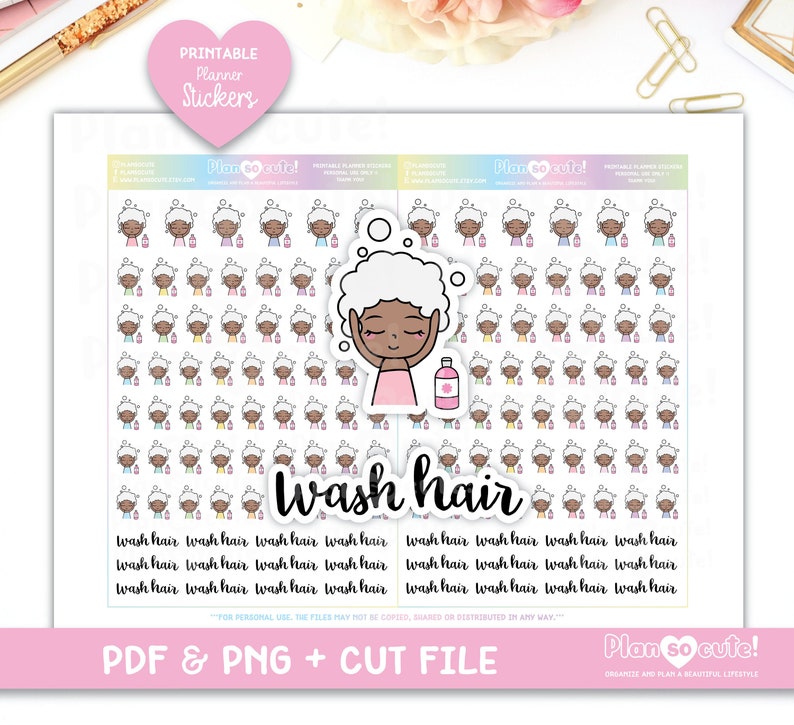 Wash Hair Printable Planner Stickers Emily Dark Skin Cricut - Etsy