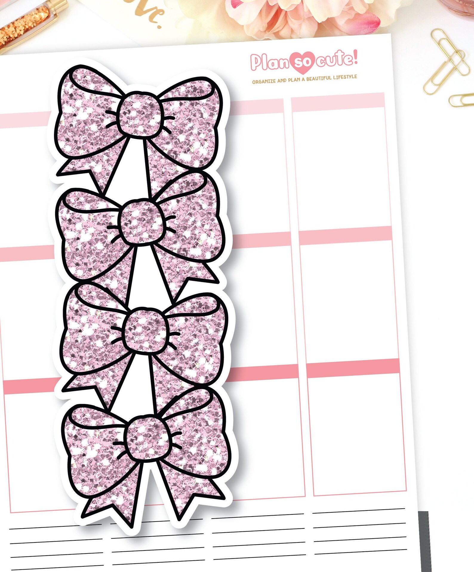 Printable Bookmark, Die Cut, Pink Glitter Bows, Bullet Journal, Erin ...